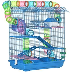 pawhut 18.5" 5 tier hamster cage with tubes and tunnels, small animal cage, rat gerbil cage with water bottle, food dish, exercise wheel, blue