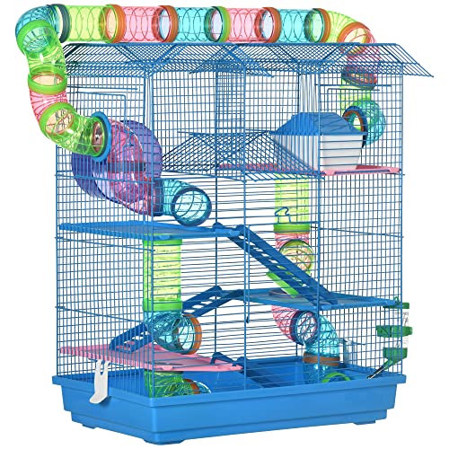 PawHut 18.5" 5 Tier Hamster Cage with Tubes and Tunnels, Small Animal Cage, Rat Gerbil Cage with Water Bottle, Food Dish, Exercise Wheel, Blue