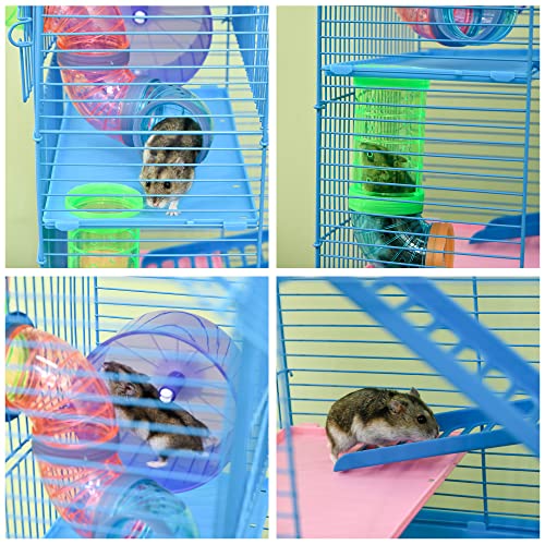 PawHut 18.5" 5 Tier Hamster Cage with Tubes and Tunnels, Small Animal Cage, Rat Gerbil Cage with Water Bottle, Food Dish, Exercise Wheel, Blue