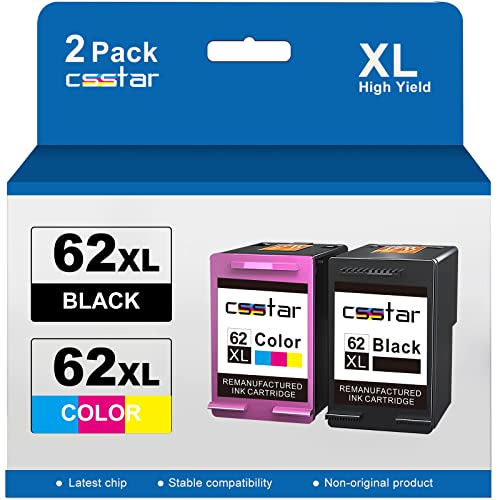 CSSTAR Remanufactured 62XL Ink Cartridges Replacement for HP Ink 62 Combo Pack Use with Envy 6000 6055 5000 7640 6455e 7646 5540 7645 5660 4512 5530 OfficeJet 8040 8045 Printer (1 Black, 1 Color)