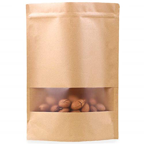 50pcs Kraft Paper Bags with Window Resealable Zip Lock Food Storage Bags Heat Sealable Stand Up Brown Paper Pouches for Cookies Coffee Tea 3.5×5.5in