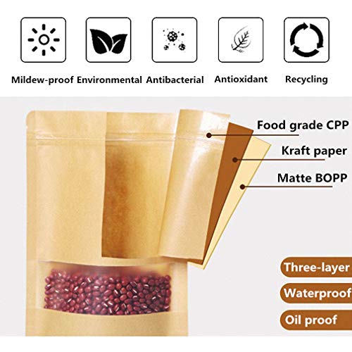 50pcs Kraft Paper Bags with Window Resealable Zip Lock Food Storage Bags Heat Sealable Stand Up Brown Paper Pouches for Cookies Coffee Tea 3.5×5.5in