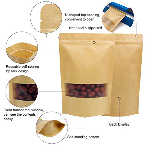 50pcs Kraft Paper Bags with Window Resealable Zip Lock Food Storage Bags Heat Sealable Stand Up Brown Paper Pouches for Cookies Coffee Tea 3.5×5.5in