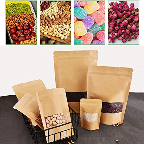 50pcs Kraft Paper Bags with Window Resealable Zip Lock Food Storage Bags Heat Sealable Stand Up Brown Paper Pouches for Cookies Coffee Tea 3.5×5.5in