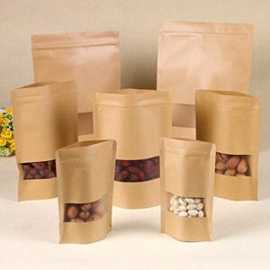 50pcs Kraft Paper Bags with Window Resealable Zip Lock Food Storage Bags Heat Sealable Stand Up Brown Paper Pouches for Cookies Coffee Tea 3.5×5.5in