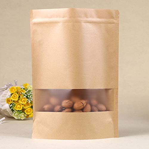 50pcs Kraft Paper Bags with Window Resealable Zip Lock Food Storage Bags Heat Sealable Stand Up Brown Paper Pouches for Cookies Coffee Tea 3.5×5.5in