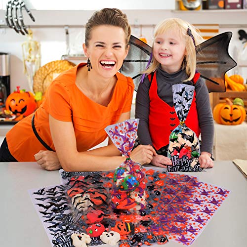 DIYASY 150 Pcs Halloween Cellophane Treat Bags,Candy Bags Bats Pumpkin and Witch Halloween Goody Bags with 300 Twist Ties for Kids Halloween Party Favor