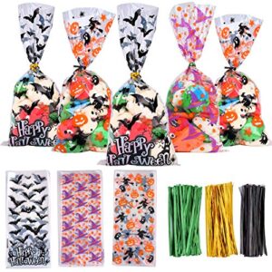 diyasy 150 pcs halloween cellophane treat bags,candy bags bats pumpkin and witch halloween goody bags with 300 twist ties for kids halloween party favor