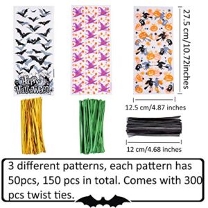 DIYASY 150 Pcs Halloween Cellophane Treat Bags,Candy Bags Bats Pumpkin and Witch Halloween Goody Bags with 300 Twist Ties for Kids Halloween Party Favor