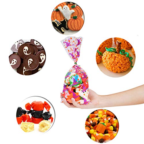 DIYASY 150 Pcs Halloween Cellophane Treat Bags,Candy Bags Bats Pumpkin and Witch Halloween Goody Bags with 300 Twist Ties for Kids Halloween Party Favor