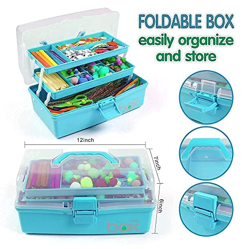 TERGOO 12in Three-Layer Multipurpose Storage Box Organizer Folding Tool Box/Art & Crafts Case/Sewing Supplies Organizer/Medicine Box/Family First Aid Box with 2 Trays (Blue)