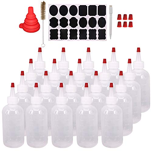 Belinlen 20 Pack 6-Ounce Plastic Squeeze Bottles with 20pcs Red Tip Caps and Measurement - Good for Crafts, Art, Glue, Multi Purpose Set of 20 with Extra 6 Red Cap 36 Chalk Labels and 1 Pen