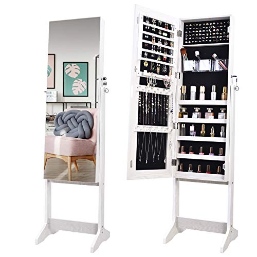 OUTDOOR DOIT Jewelry Organizer Jewelry Cabinet Jewelry armoire Standing Jewelry Box with Full Body Mirror and Large Storage Lockable Wooden Cabinet (White)…