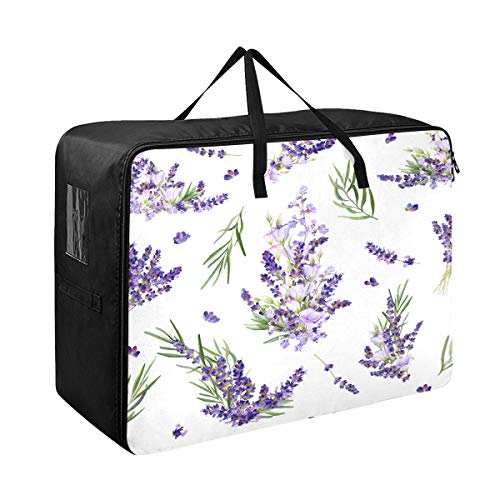 Blueangle Lavender Flowers Clothes Storage Bag Organizer 100L Large Capacity Clothing Storage Containers for Comforters, Blankets, Foldable with Dual Zipper