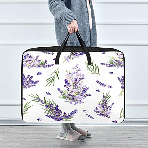 Blueangle Lavender Flowers Clothes Storage Bag Organizer 100L Large Capacity Clothing Storage Containers for Comforters, Blankets, Foldable with Dual Zipper