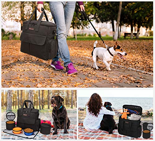 Dog Travel Bag by Modoker - Dog Travel Kit for a Weekend Away Set Includes Pet Travel Bag Organizer for Accessories, 2 Collapsible Dog Bowls, 2 Travel Dog Food Container (Black)