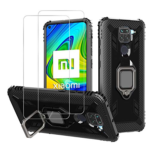 Avesfer for Xiaomi Redmi Note 9 Case with Screen Protector Tempered Glass Shock Absorbing Defender Protective Phone Cover Ring Holder Kickstand Scratch Resistant Carbon Fiber (Black)