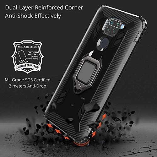 Avesfer for Xiaomi Redmi Note 9 Case with Screen Protector Tempered Glass Shock Absorbing Defender Protective Phone Cover Ring Holder Kickstand Scratch Resistant Carbon Fiber (Black)