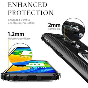 Avesfer for Xiaomi Redmi Note 9 Case with Screen Protector Tempered Glass Shock Absorbing Defender Protective Phone Cover Ring Holder Kickstand Scratch Resistant Carbon Fiber (Black)