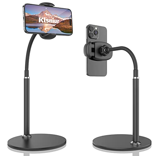 Cell Phone Stand, Adjustable Height & Angle Gooseneck Phone Stand for Desk Flexible Arm Universal Phone Holder, Aluminum Alloy Desktop Phone Stand for Recording Compatible with 3.5"-7" Device (Black)