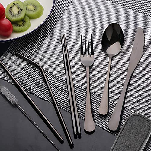 Travel Utensils Set with Case Reusable Portable Cutlery Set Stainless Steel 8pcs Including Dinner Knife Fork Spoon Chopsticks straws(Black)