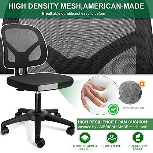 KOLLIEE Armless Office Chair Mesh Ergonomic Small Desk Chair Armless Adjustable Swivel Black Computer Task Chair No Armrest Mid Back Home Office Chair for Small Spaces