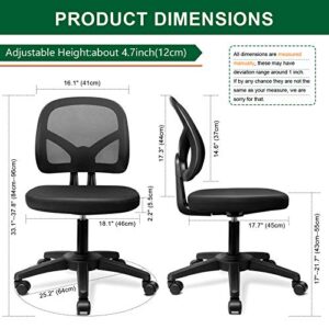 KOLLIEE Armless Office Chair Mesh Ergonomic Small Desk Chair Armless Adjustable Swivel Black Computer Task Chair No Armrest Mid Back Home Office Chair for Small Spaces