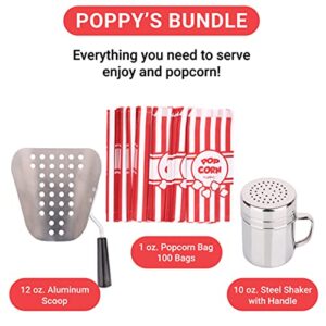 Poppy's Ultimate Popcorn Machine Supplies Bundle - Kernel Sifting Speed Scoop, Seasoning Dredge, 1-Ounce Popcorn Bags (100 Count) - Ideal Popcorn Supplies for Popcorn Machine, Commercial & Home Use