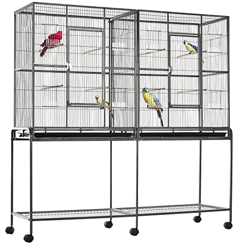 PawHut 65" Double Rolling Metal Bird Cage Feeder with Detachable Rolling Stand, Storage Shelf, Wood Perch & Food Container