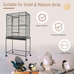 PawHut 65" Double Rolling Metal Bird Cage Feeder with Detachable Rolling Stand, Storage Shelf, Wood Perch & Food Container