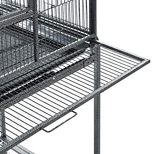 PawHut 65" Double Rolling Metal Bird Cage Feeder with Detachable Rolling Stand, Storage Shelf, Wood Perch & Food Container