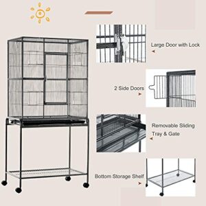 PawHut 65" Double Rolling Metal Bird Cage Feeder with Detachable Rolling Stand, Storage Shelf, Wood Perch & Food Container