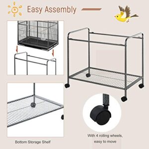 PawHut 65" Double Rolling Metal Bird Cage Feeder with Detachable Rolling Stand, Storage Shelf, Wood Perch & Food Container