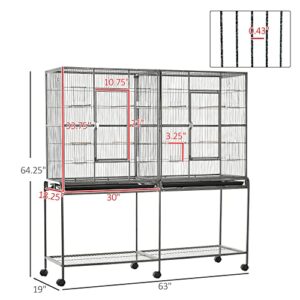 PawHut 65" Double Rolling Metal Bird Cage Feeder with Detachable Rolling Stand, Storage Shelf, Wood Perch & Food Container