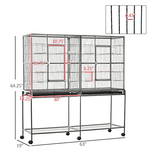 PawHut 65" Double Rolling Metal Bird Cage Feeder with Detachable Rolling Stand, Storage Shelf, Wood Perch & Food Container