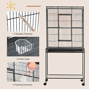 PawHut 65" Double Rolling Metal Bird Cage Feeder with Detachable Rolling Stand, Storage Shelf, Wood Perch & Food Container