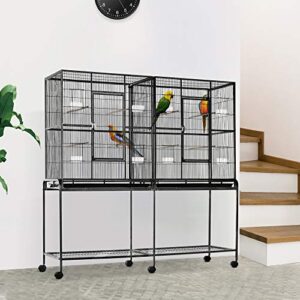 PawHut 65" Double Rolling Metal Bird Cage Feeder with Detachable Rolling Stand, Storage Shelf, Wood Perch & Food Container