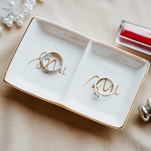 Quany Life Mr Mrs Jewelry Ring Dish Ceramic Trinket Tray Wedding Engagement Gift for Bride Desk Storage for Mrs Engaged Gifts Mr Mrs Gold Engagement Honeymoon Gifts Friend