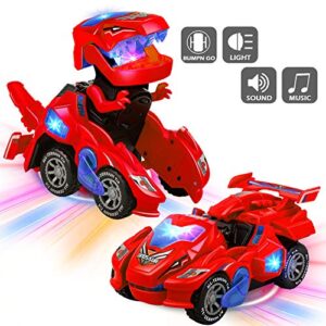 AMENON Transforming Easter Dinosaur Car Toys with LED Light Music Automatic Deformation Dino Race Car Toys for Kids Boy Girls Toddlers 3 Year Old and Up Birthday Holiday Easter Toy Gifts