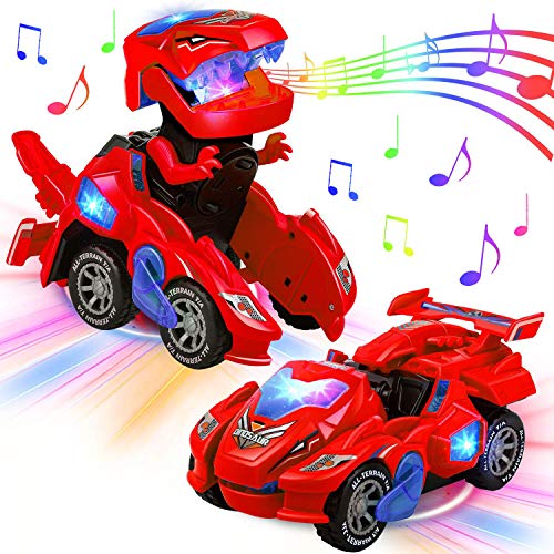 AMENON Transforming Easter Dinosaur Car Toys with LED Light Music Automatic Deformation Dino Race Car Toys for Kids Boy Girls Toddlers 3 Year Old and Up Birthday Holiday Easter Toy Gifts