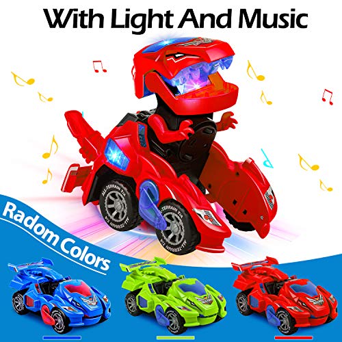 AMENON Transforming Easter Dinosaur Car Toys with LED Light Music Automatic Deformation Dino Race Car Toys for Kids Boy Girls Toddlers 3 Year Old and Up Birthday Holiday Easter Toy Gifts