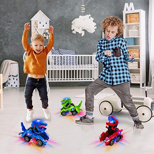 AMENON Transforming Easter Dinosaur Car Toys with LED Light Music Automatic Deformation Dino Race Car Toys for Kids Boy Girls Toddlers 3 Year Old and Up Birthday Holiday Easter Toy Gifts