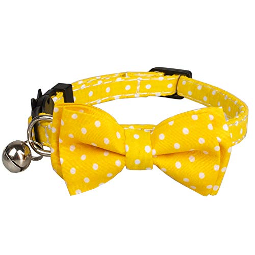 Gyapet Cat Collar Yellow with Bowtie Bell Safety Buckle Breakaway Kitten Puppy 7-11in Dot Colorful Adjustable Dot-Yellow