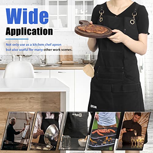 QeeLink Professional Grade Chef Apron for Kitchen, BBQ and Grill with 10 Tool Pockets - Water Resistant Canvas Apron with Quick Release Buckle, Adjustable M to XXXL for Men & Women, Black