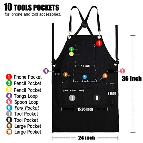 QeeLink Professional Grade Chef Apron for Kitchen, BBQ and Grill with 10 Tool Pockets - Water Resistant Canvas Apron with Quick Release Buckle, Adjustable M to XXXL for Men & Women, Black