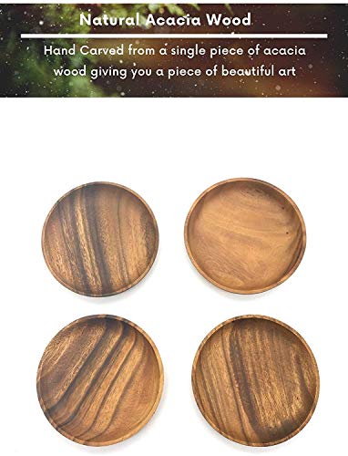 Acacia Handmade Wood Carved Plates - Set of 4 Calabash Bowls Size 4" (Round)