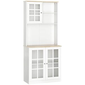 homcom kitchen buffet with hutch, storage pantry with 3 cabinets, 2 open shelves and large countertop, white