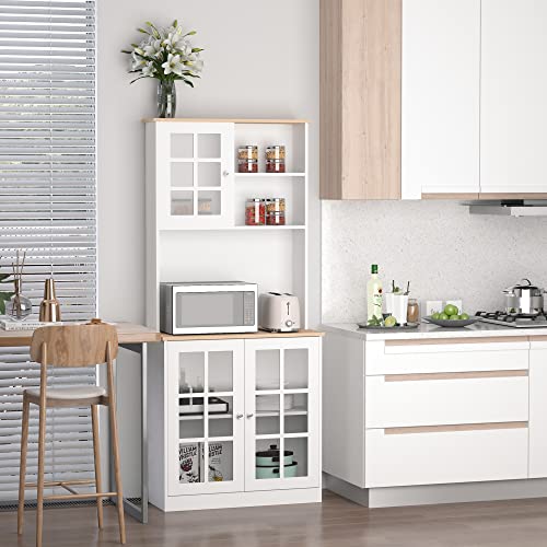 HOMCOM Kitchen Buffet with Hutch, Storage Pantry with 3 Cabinets, 2 Open Shelves and Large Countertop, White