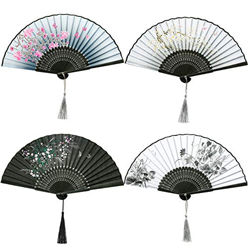 Zonon 4 Pieces Handheld Floral Folding Fans Flower Hand Held Fans Silk Bamboo Fans with Tassel Women's Hollowed Bamboo Hand Holding Fans for Women and Men, 4 Styles