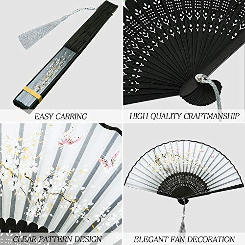 Zonon 4 Pieces Handheld Floral Folding Fans Flower Hand Held Fans Silk Bamboo Fans with Tassel Women's Hollowed Bamboo Hand Holding Fans for Women and Men, 4 Styles